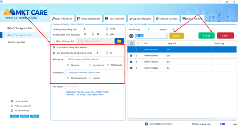 Cách mở Checkpoint 282 tài khoản bằng phần mềm MKT Care